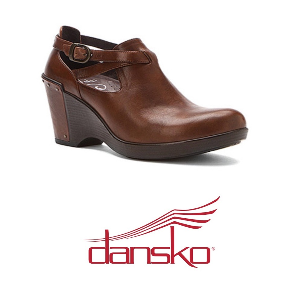 New Dansko Franka Bootie Brandy Leather Weedge Clogs - Gem